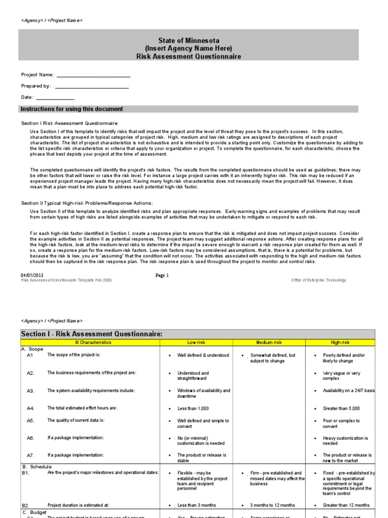 Risk Assessment Questionaire | PDF | Project Management | Risk