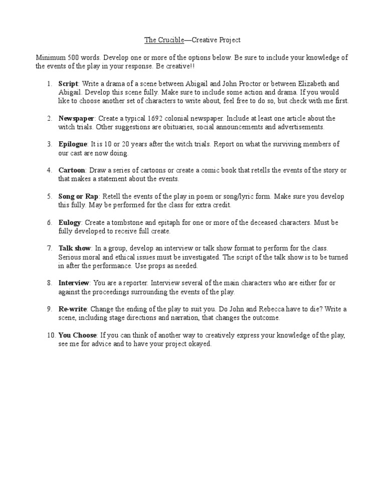 Creative Project List The Crucible | PDF | Foreign Language Studies
