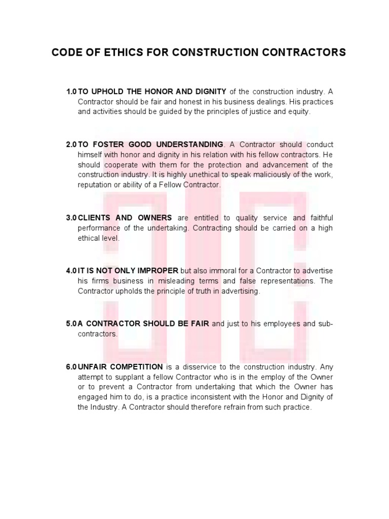 Code of Ethics For Construction Contractors Background | PDF