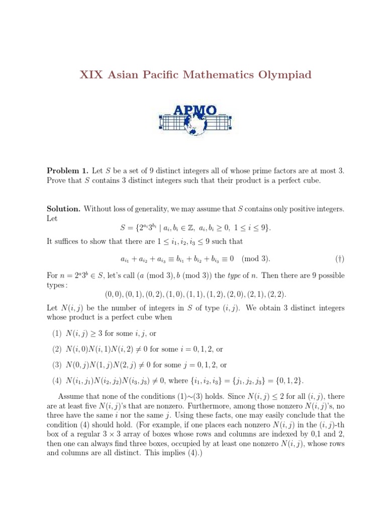 XIX Asian Pacific Mathematics Olympiad: A B I I I I | PDF | Abstract ...