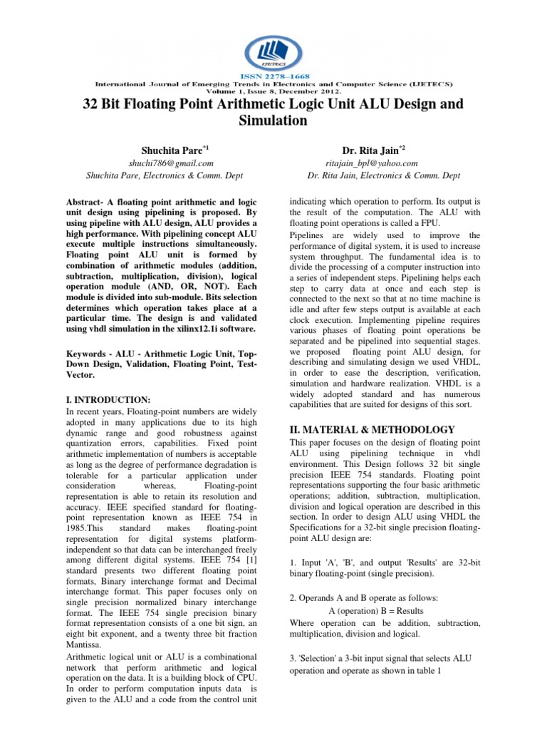 32 Bit Floating Point Arithmetic Logic Unit Alu Design And Simulation Using Pipelining Technique