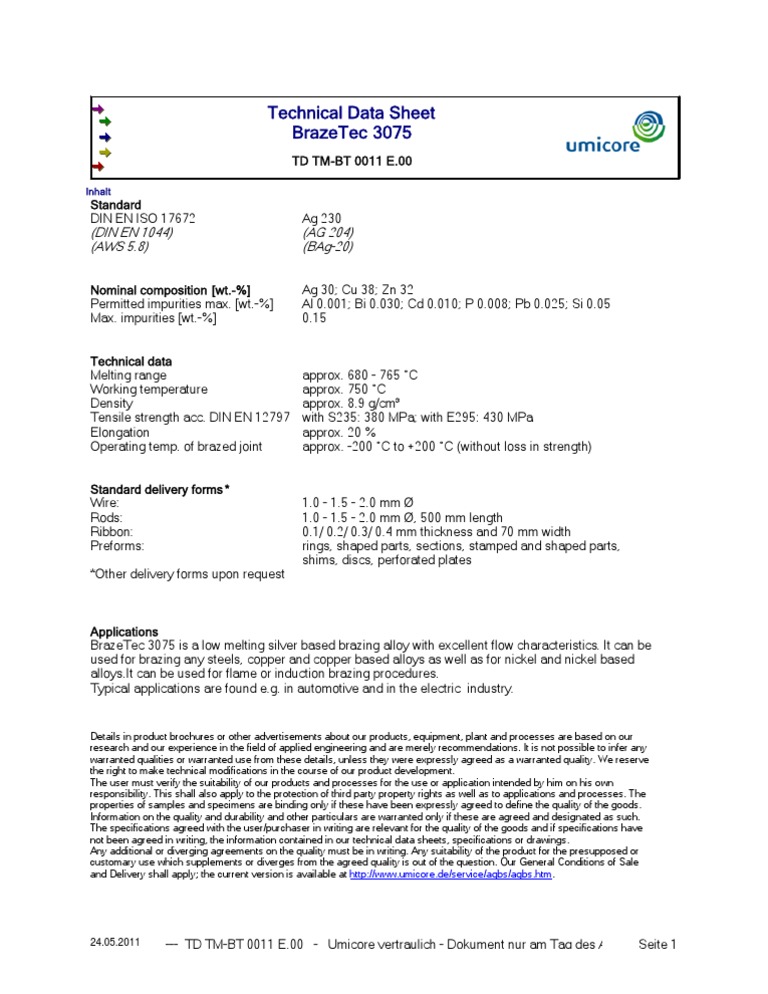Technical Data Sheet Brazetec 3075: Inhalt | PDF | Metals | Building ...