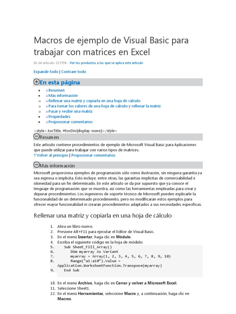 Macros de Ejemplo de Visual Basic para Trabajar Con Matrices en Excel ...