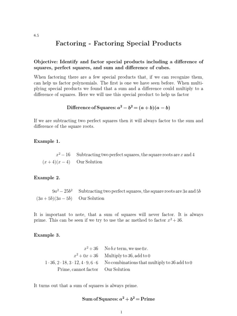 6.5 Factor Special Products | PDF | Factorization | Subtraction
