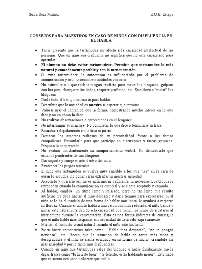 Consejos para Maestros en Caso de Niños Con Disfluencia en El Habla ...
