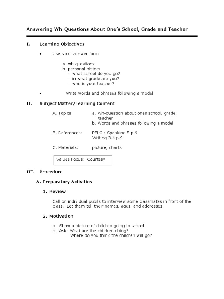 Grade 1 English Answering WH Questions About Ones School Grade and ...