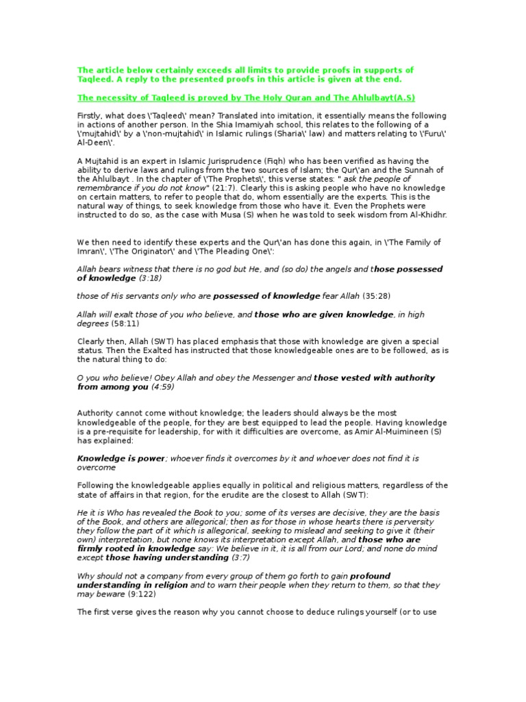Taqleed Prooved From Quran | PDF | Hadith | Shia Islam