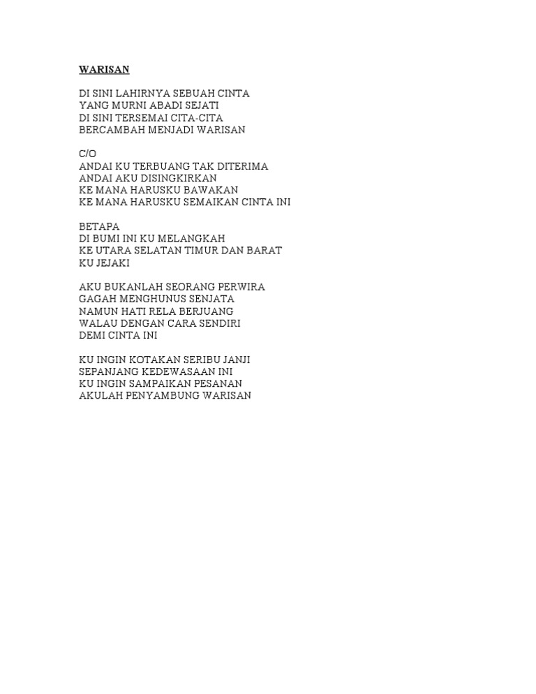 Lirik Lagu Warisan (Sudirman) | PDF