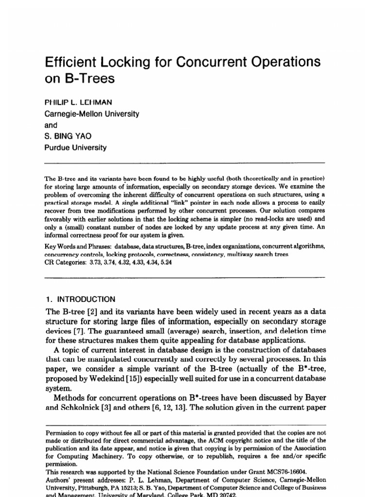 Efficient Locking For Concurrent Operations On B-Trees - Lehman | PDF | Computer Data ...