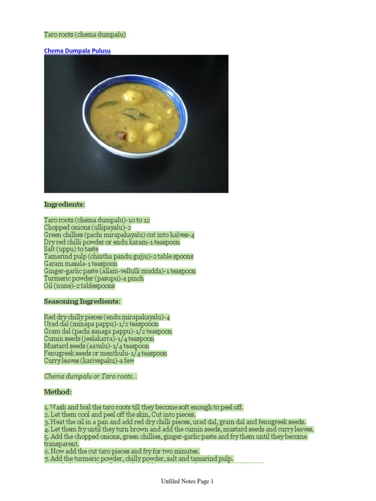 Taro Roots (Chema Dumpalu) | PDF | Curry | Teaspoon