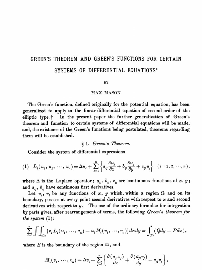 Green'S Theorem and Green'S Functions For Certain Systems of ...