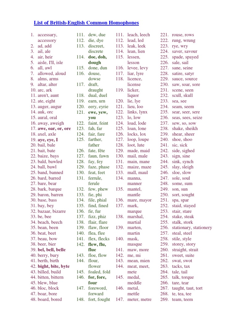 British English Homophones List | PDF | Nature