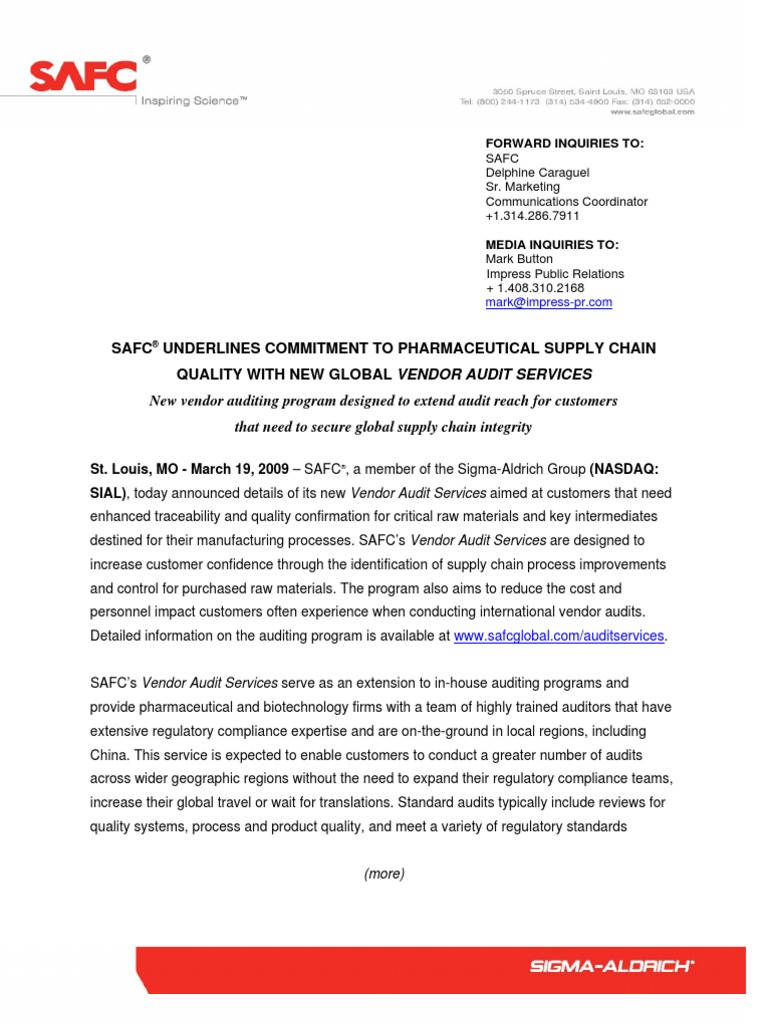 SAFC Quality Audit Services | PDF | Sigma Aldrich | Audit