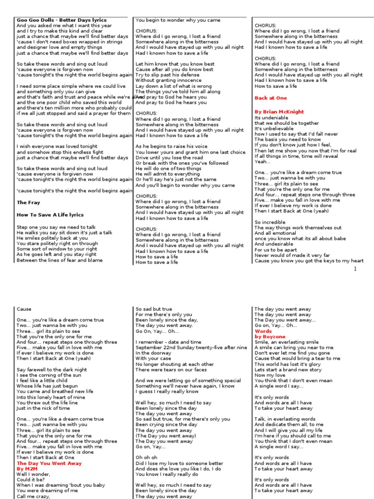 Song Lyrics | PDF | Leisure | Entertainment (General)