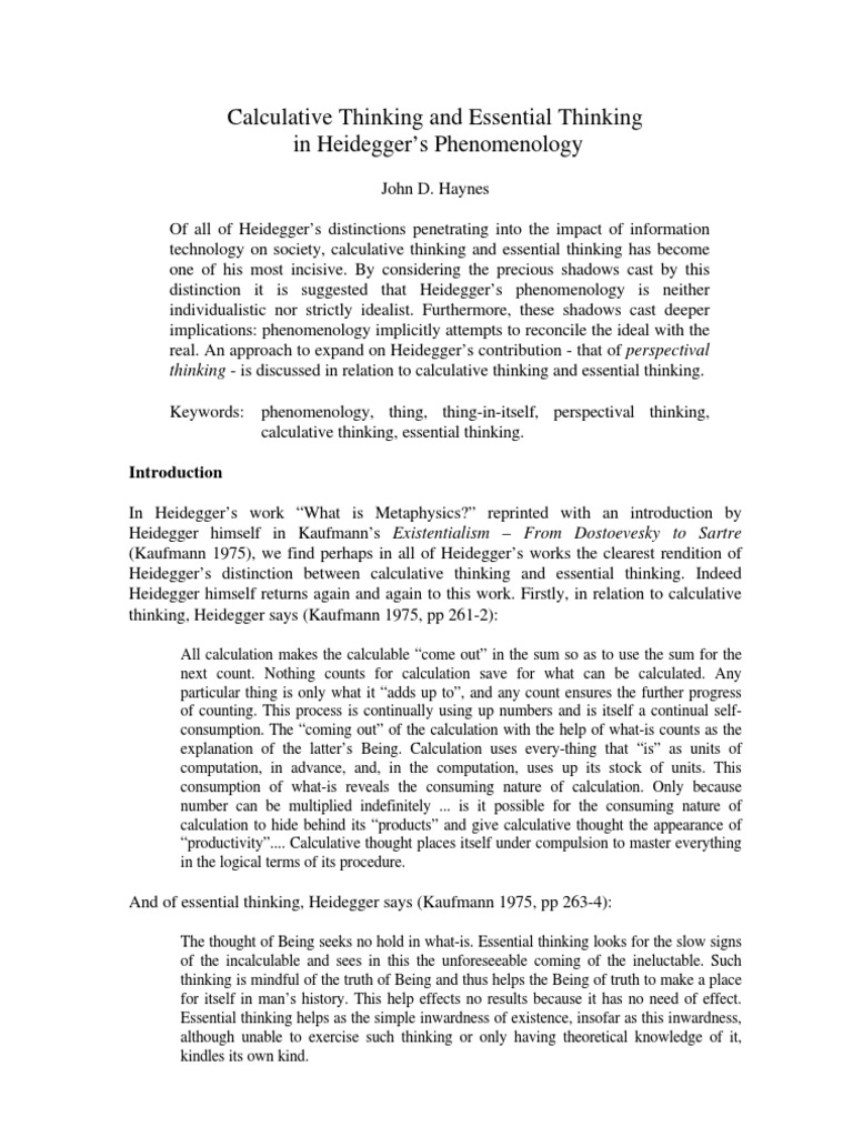 J. Haynes - Calculative Thinking and Essential Thinking in Heidegger's ...