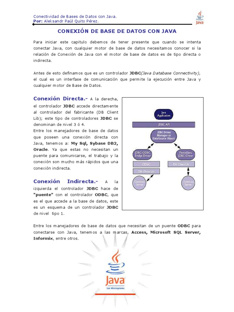 CONEXIÓN DE BASE DE DATOS CON JAVA - Aleksandr Quito Perez | PDF | SQL | Java (lenguaje de ...