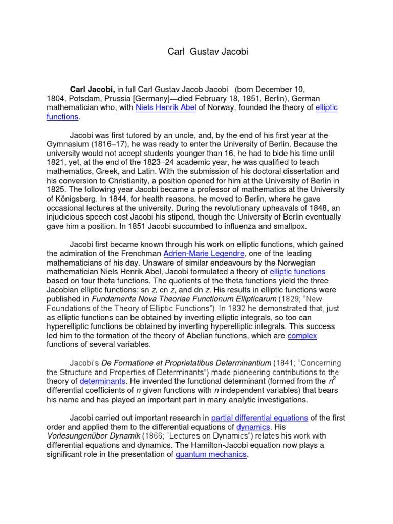 Carl Jacobi, in Full Carl Gustav Jacob Jacobi (Born December 10 | PDF ...