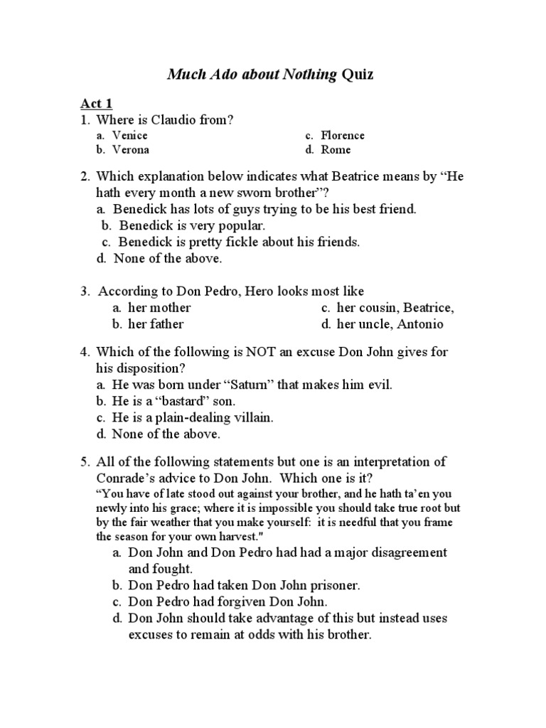 Much Ado About Nothing Quiz Questions | PDF | Much Ado About Nothing ...