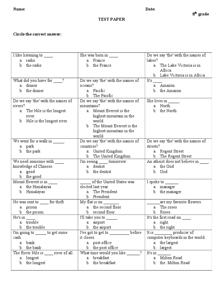 8th Grade English Grammar Test | PDF