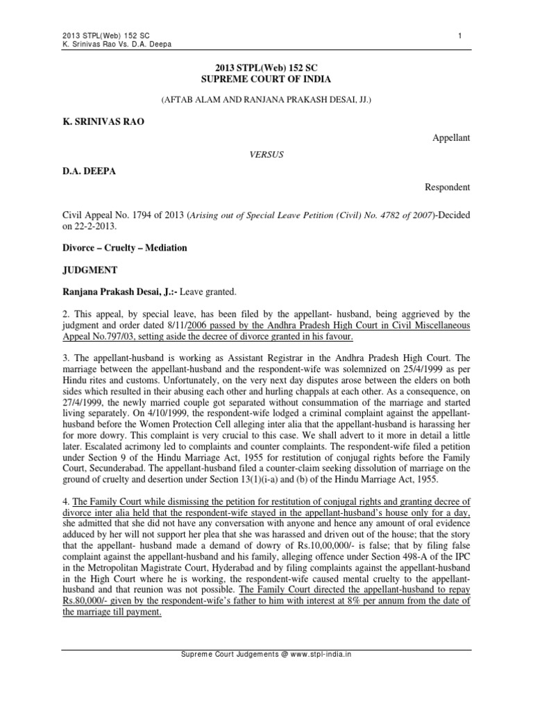 K Srinivas Rao Vs D A Deepa Pdf Mediation Marriage