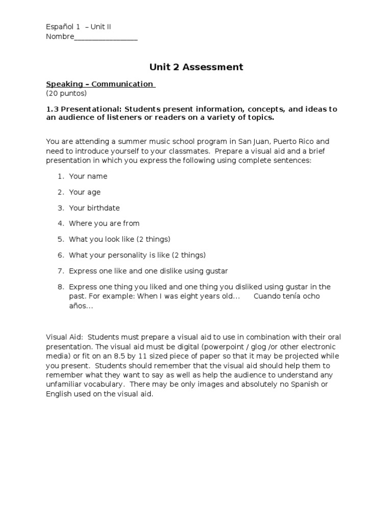 Unit II Speaking Assessment - Spanish I | PDF | Foreign Language Studies