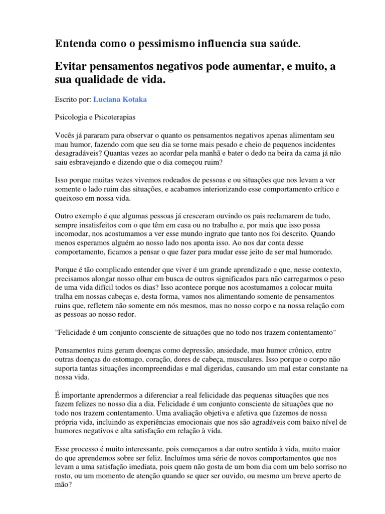 Pessimismo e Saúde: Impactos Negativos | PDF | Pensamento | Felicidade