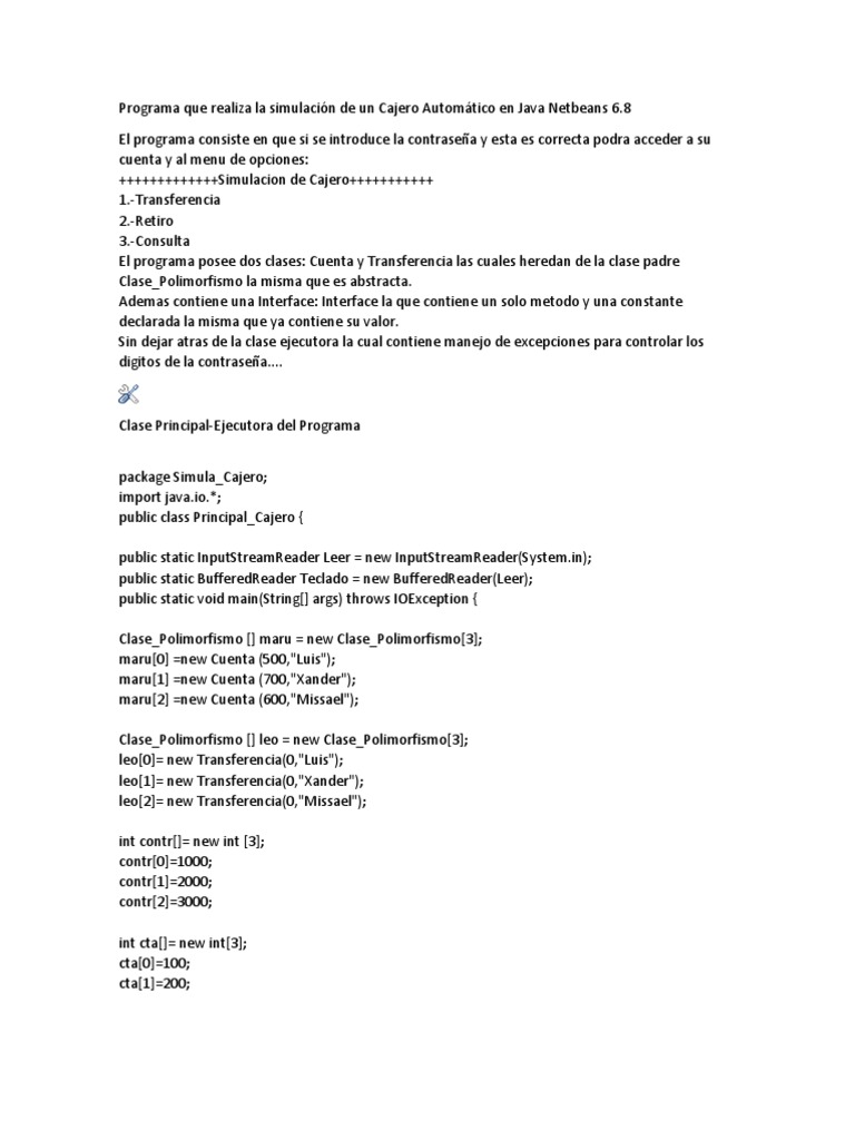 Programa Que Realiza La Simulación de Un Cajero Automático en Java Netbeans 6 | PDF | Java ...