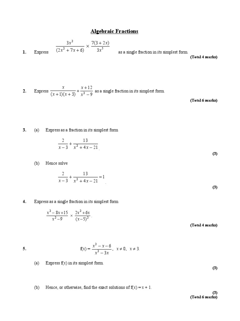 Algebraic Fractions Exam Questions | PDF