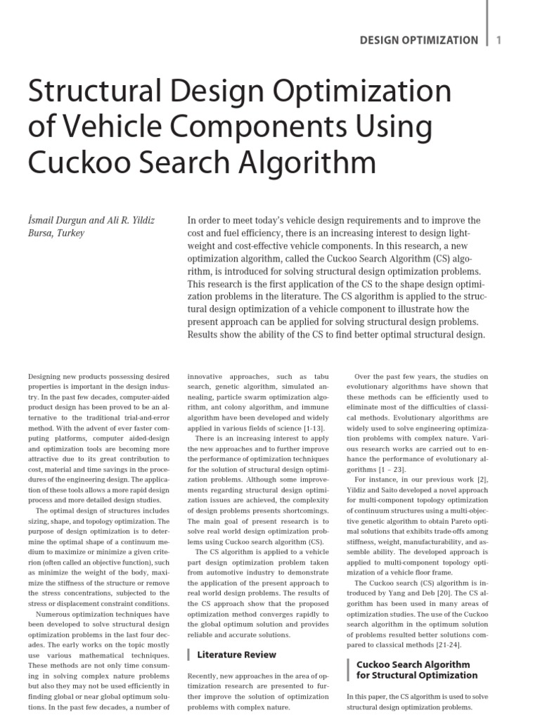 Cuckoo Search Algorithm Structural Design Optimization Vehicle Components Pdf Mathematical