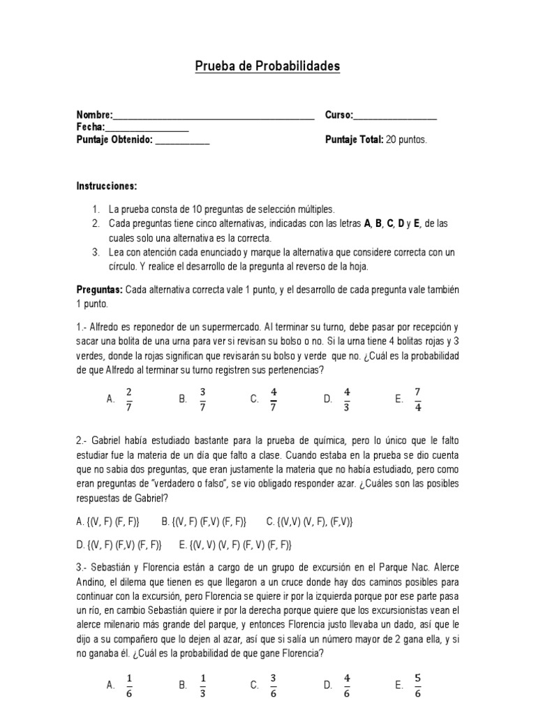 Prueba Selección MÚLTIPLE | PDF | Probabilidad | Ocio