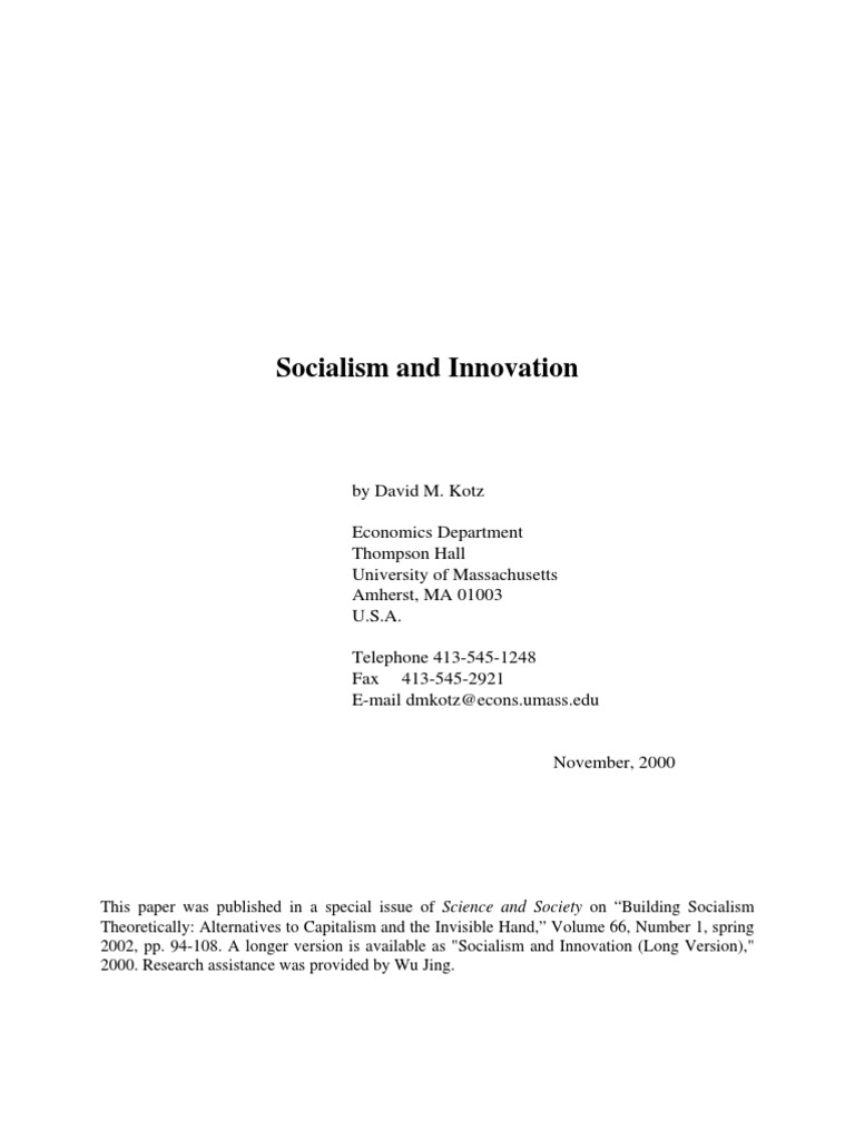 David M. Kotz Socialism and Innovation | PDF | Innovation | Capitalism