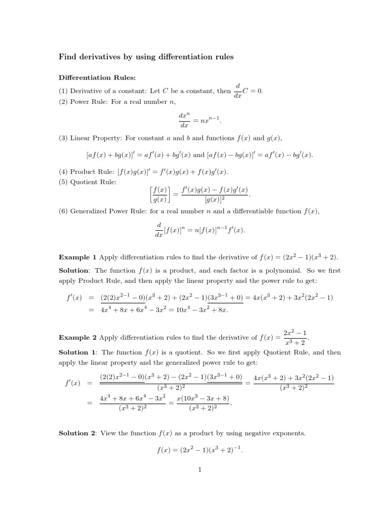 Find Derivatives by Using Differentiation Rules | PDF | Derivative ...