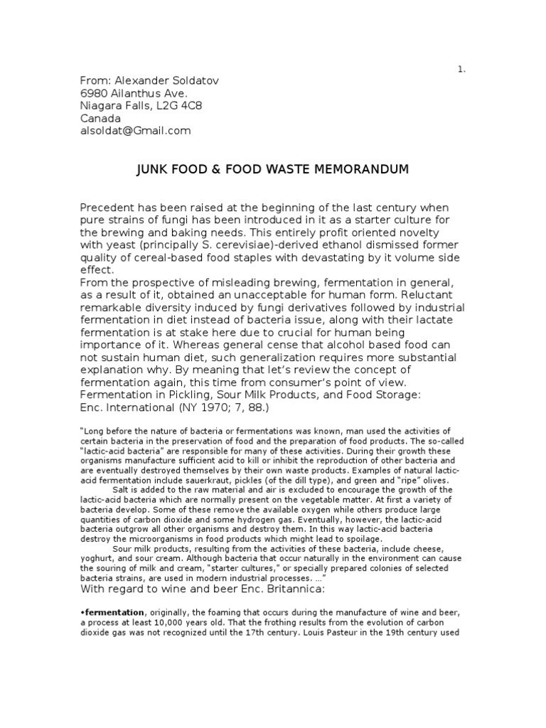 Junk Food & Food Waste Memorandum | Download Free PDF | Fermentation ...