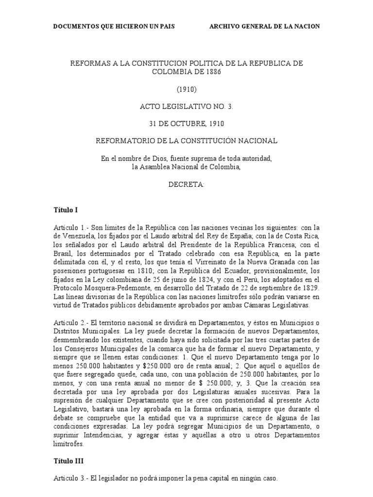 Las Principales Reformas A La Constitución De 1886 Pdf República