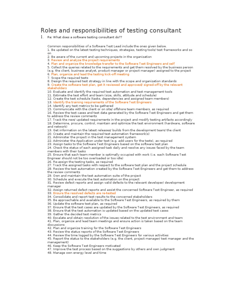 Roles and Responsibilities of Testing Consultant | PDF | Software ...