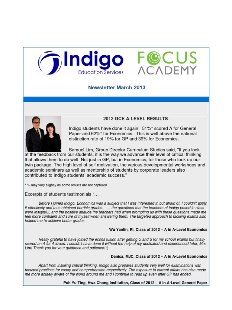 Indigo Group Newsletter March 2013 | PDF | Gce Advanced Level (United ...