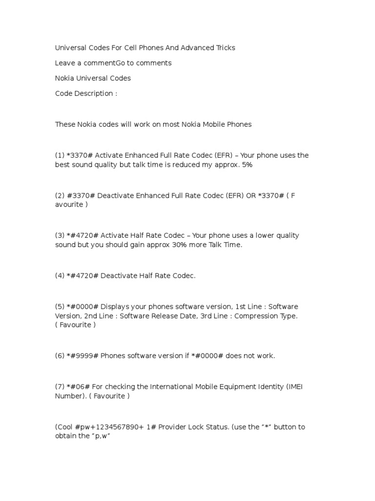 Universal Codes For Cell Phones and Advanced Tricks | PDF | Short ...