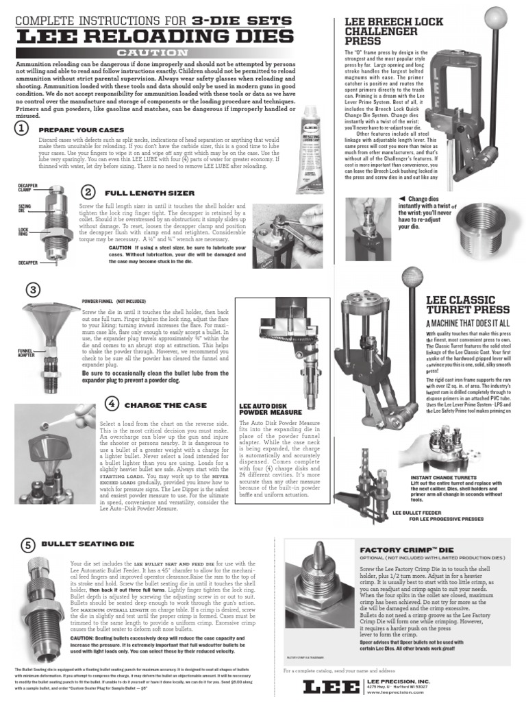 Reloading Dies: Complete Instructions For | PDF | Bullet | Firearms