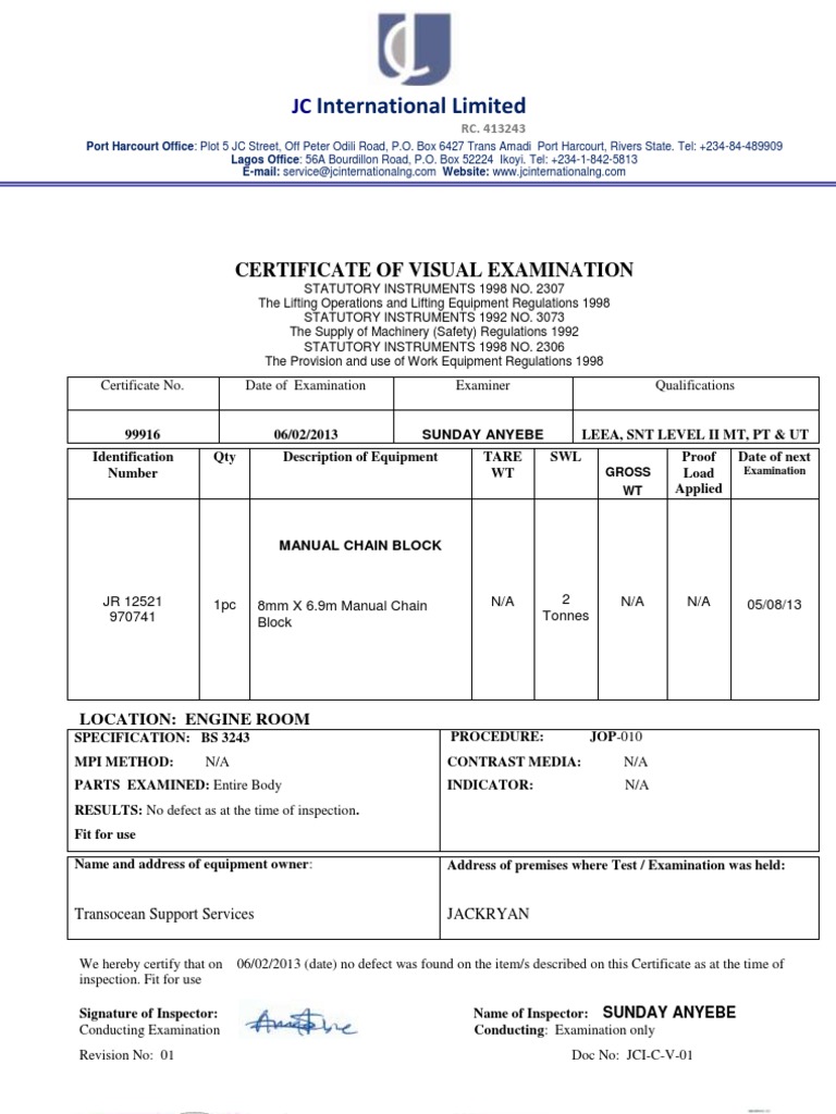 International Limited: Certificate of Visual Examination | PDF | Post ...