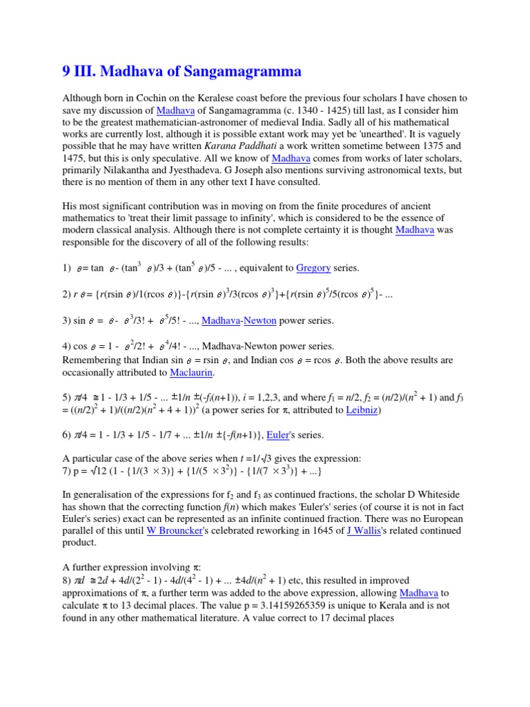 Madhava Of Sangamagrama Mathematician