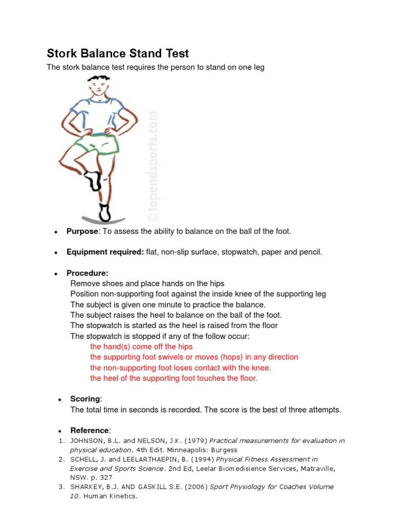 Stork Balance Stand Test Protocol | PDF | Sports | Recreation