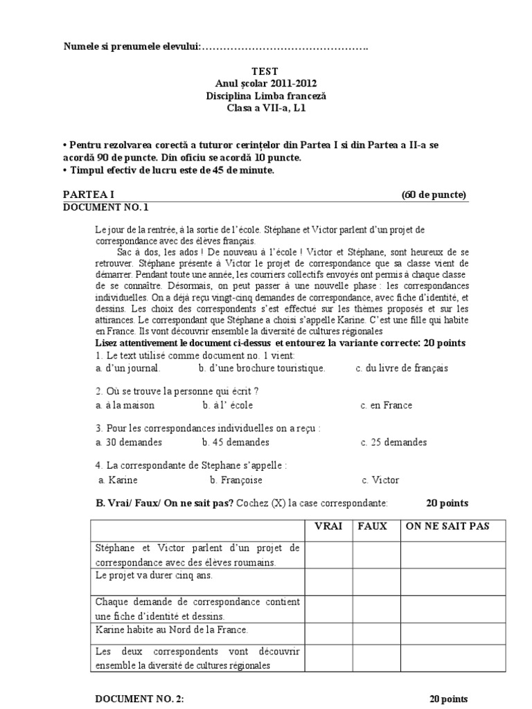 Test de Evaluare Limba Franceza Clasa A VII-A | PDF | Sémiotique ...