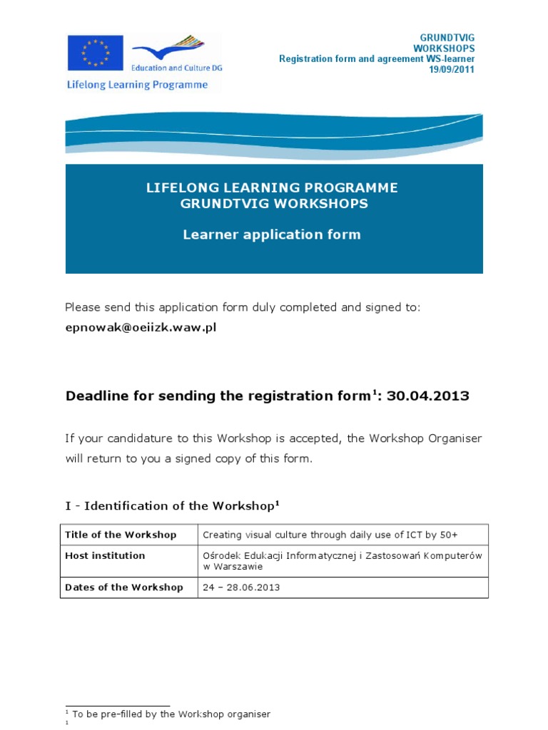 Lifelong Learning Programme Grundtvig Workshops Learner Application ...