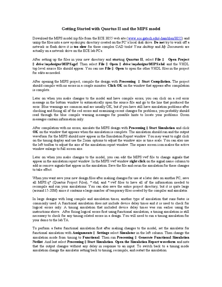 Getting Started With Quartus II and The MIPS Model | PDF | Simulation | Mips Instruction Set