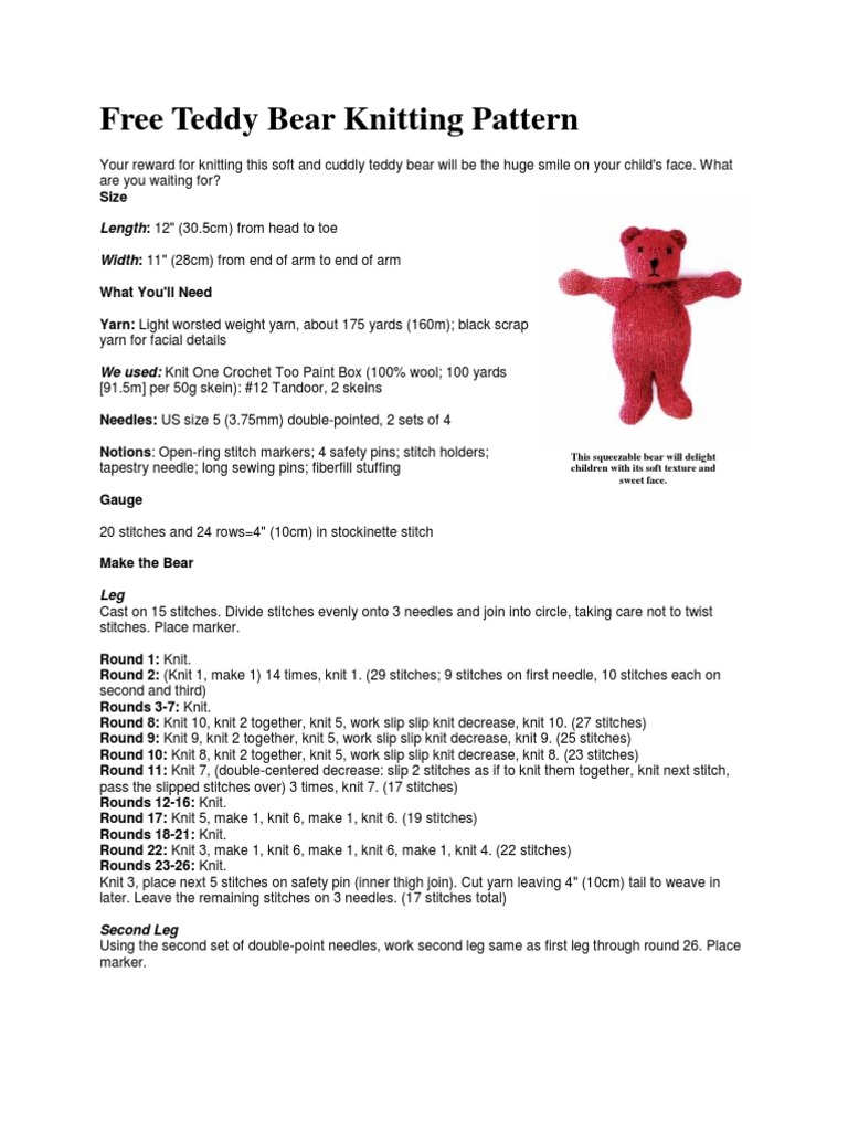 Free Teddy Bear Knitting Pattern | PDF | Knitting | Textile Arts