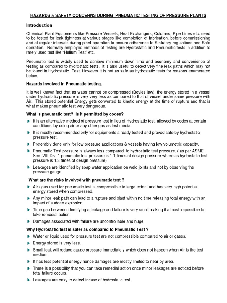 HAZARDS Pneumatic Test | PDF | Leak | Pressure