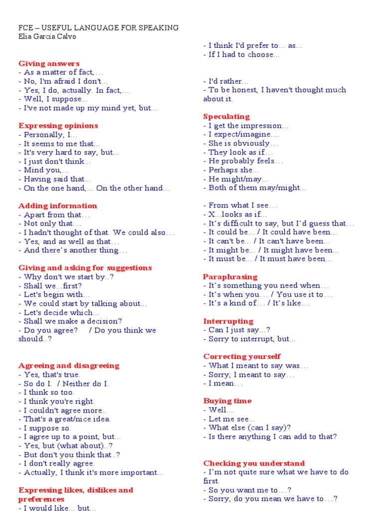 Giving Answers: Fce - Useful Language For Speaking Elia García Calvo | PDF