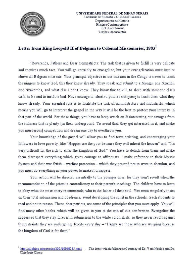 Letter Leopold II to Colonial Missionaries | Missionary | Unrest