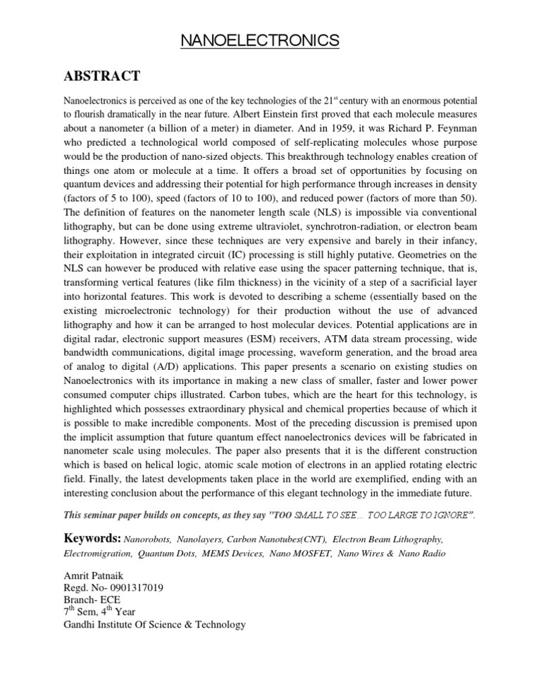 Nanoelectronics Abstract | PDF | Nanotechnology | Integrated Circuit