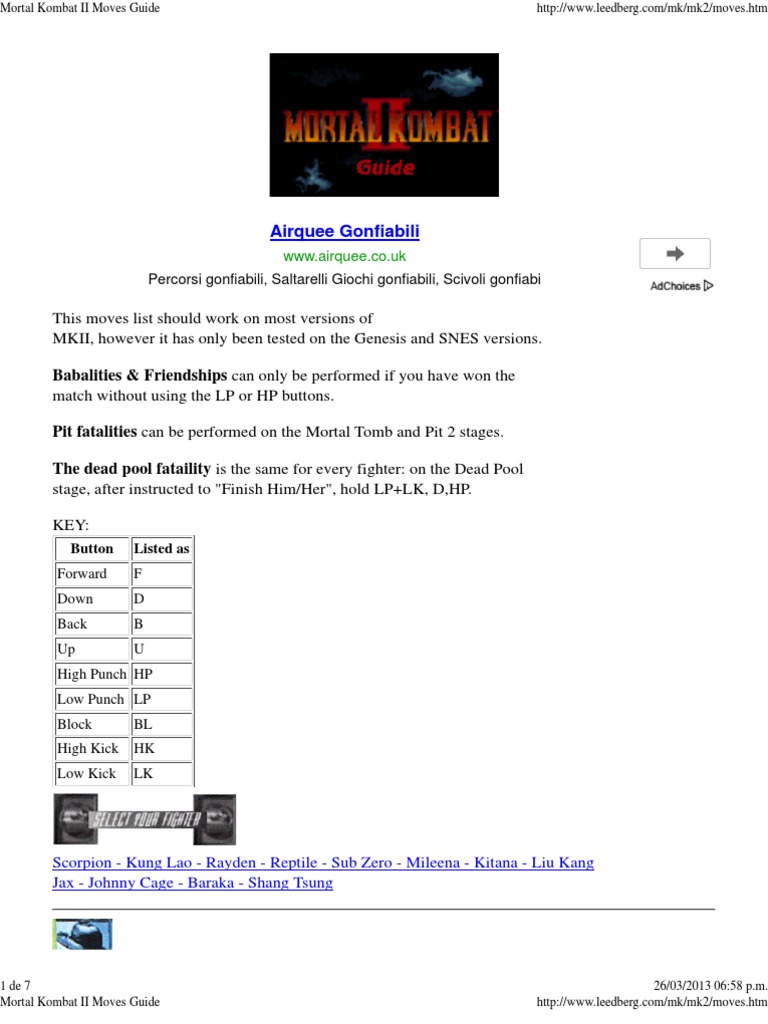 Mortal Kombat II Moves Guide | PDF | Video Games | Mythopoeia